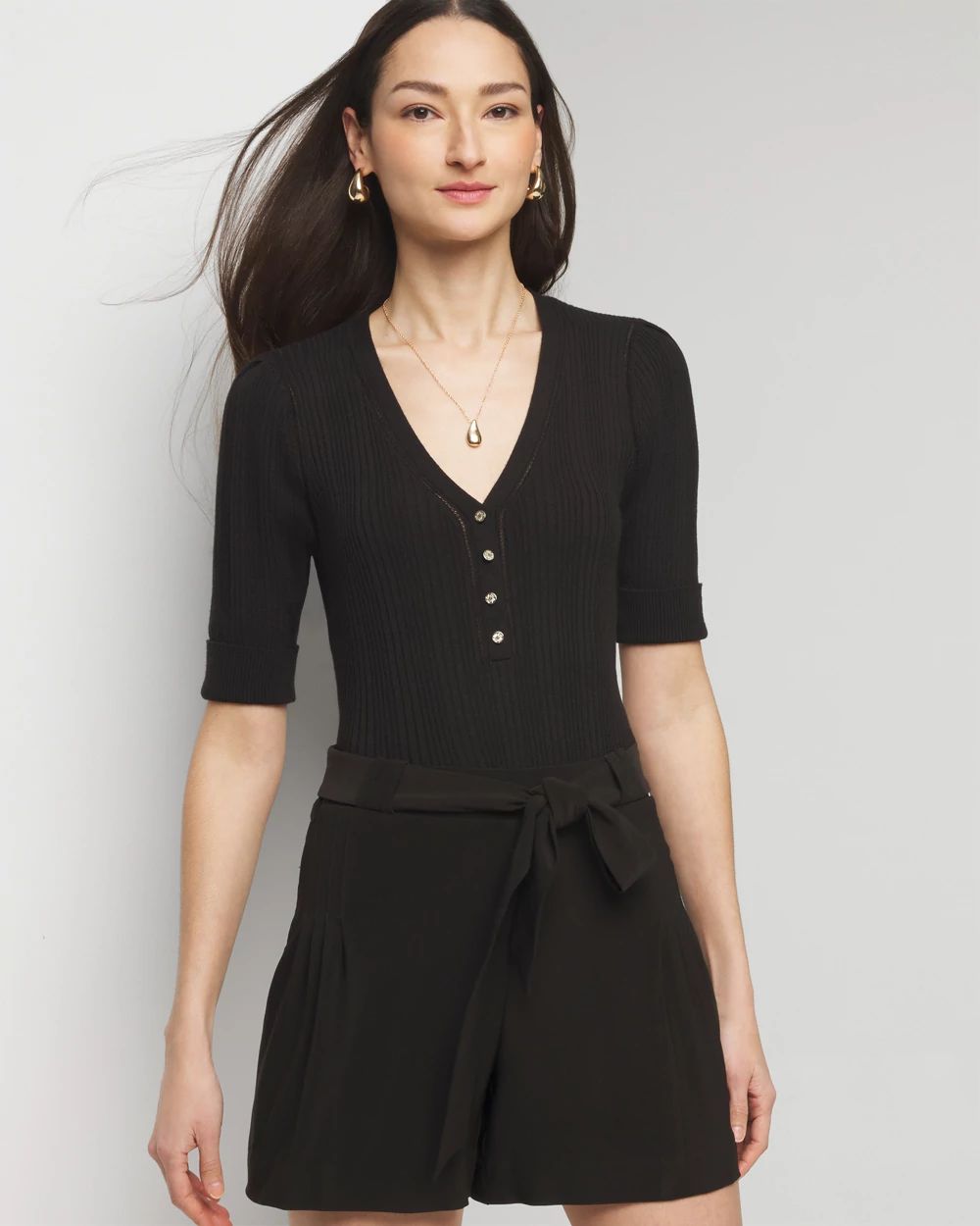 Cashmere Blend Elbow-Sleeve Henley Sweater | White House Black Market